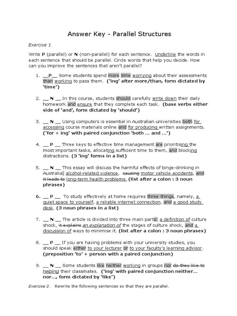 Parallel Structures Worksheet ANSWERS | PDF