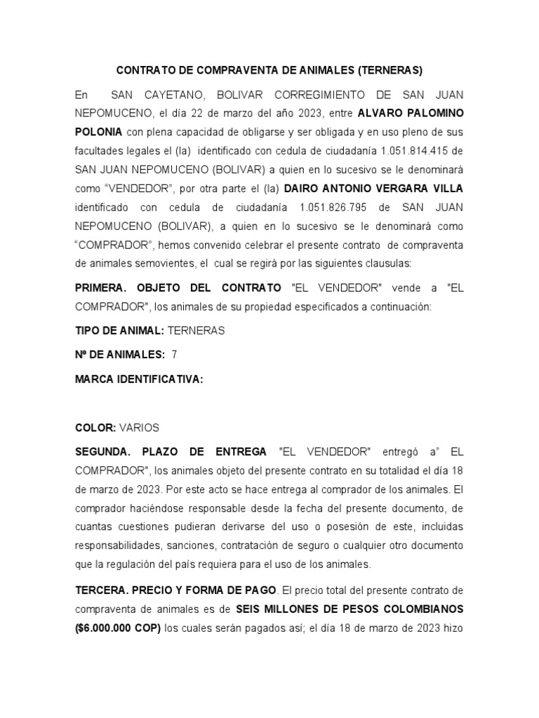 Contrato de Compraventa de Animales | PDF