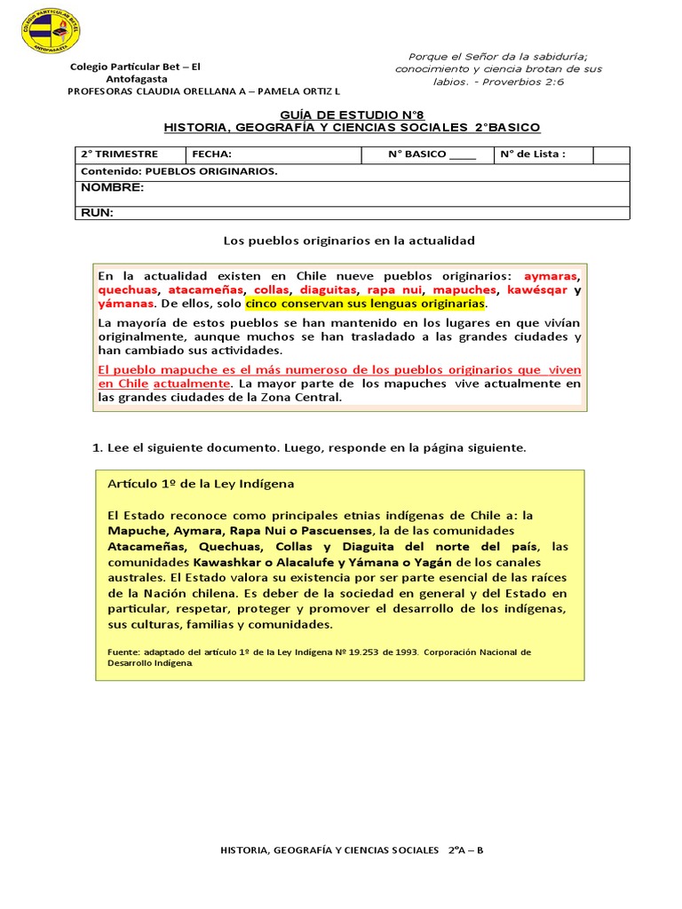 8°guía de Aprendizaje Pueblos Originarios | PDF | Viajes y turismo ...