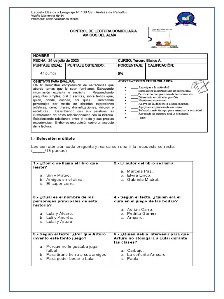 Evaluación Lectura "Amigos del Alma" | PDF | Ficción general
