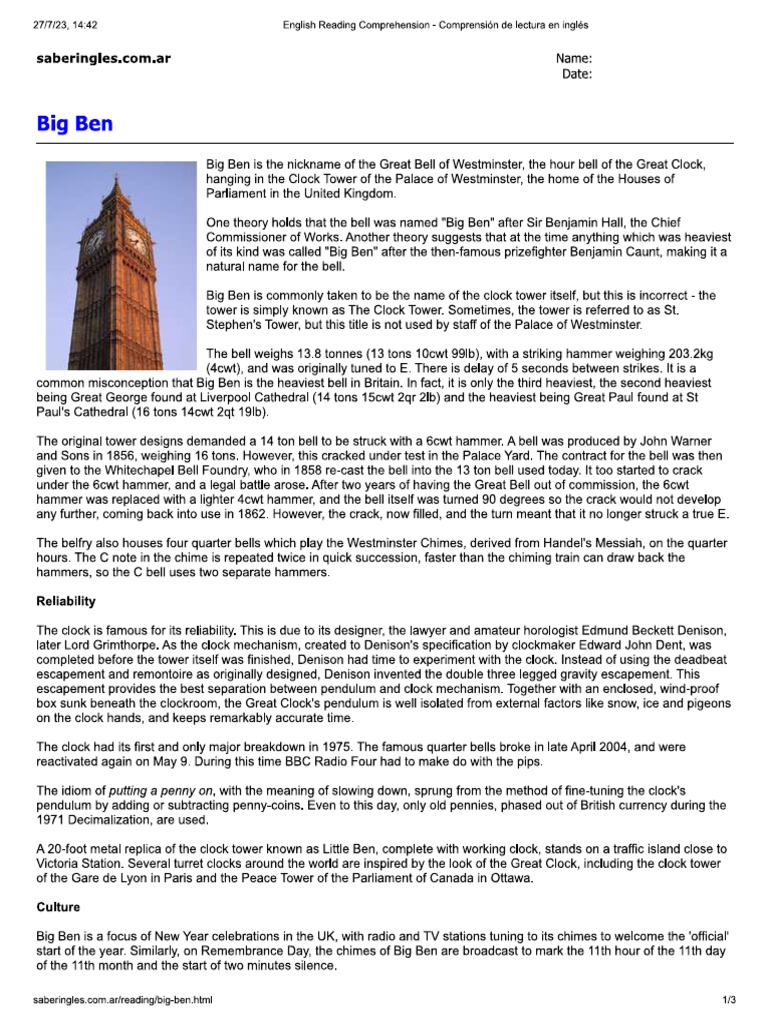 Big Ben Reading | PDF