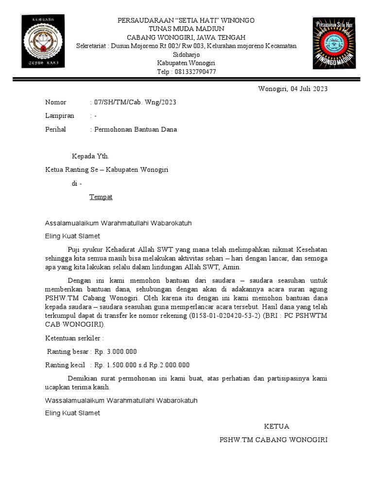 Surat Permohonan Bantuan Dana Untuk Acara Suran Agung 30 Juli 2023 | PDF