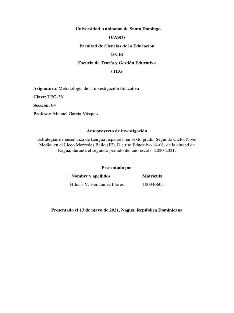 ANTEPROYECTO Metodología de La Investigación Educativa | PDF | Plan de ...