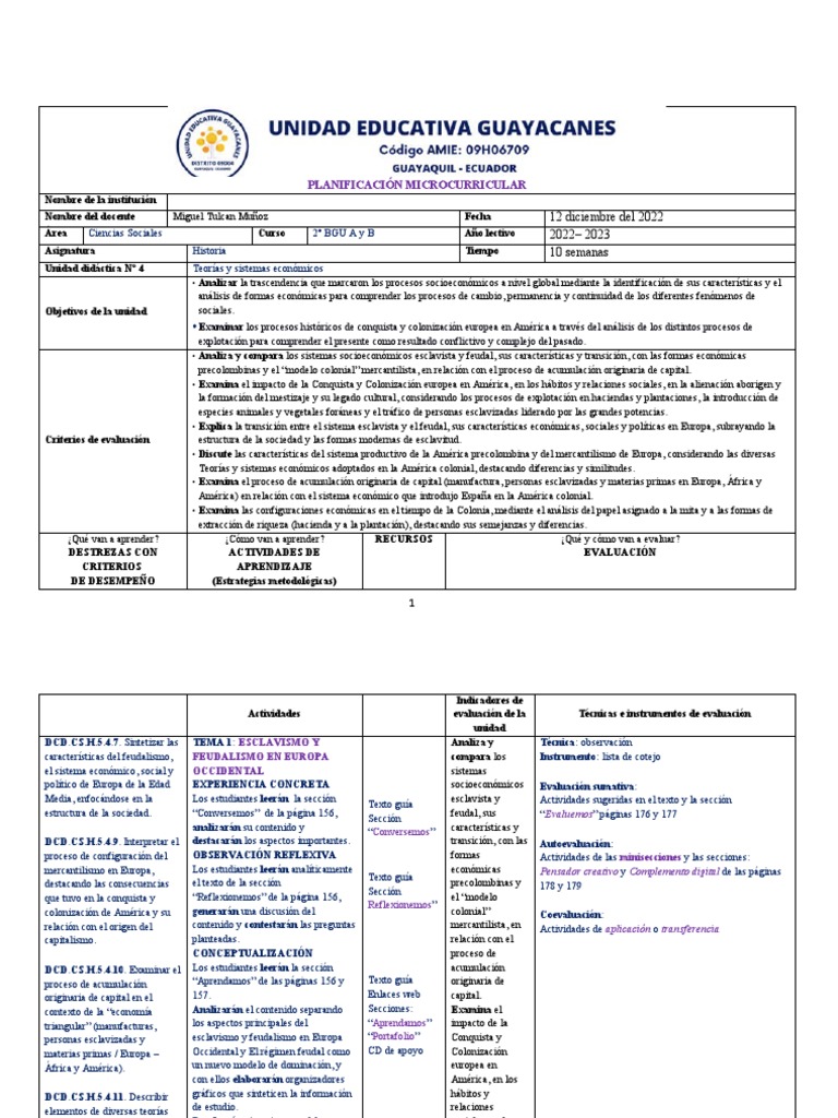 Plan HISTORIA 2 BGU TULCAN UNIDAD 4 | PDF