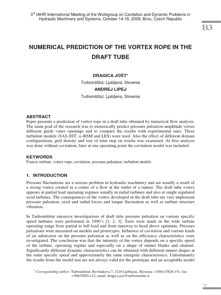 Numerical Prediction of The Vortex Rope in The Draft Tube: Dragica Jošt ...