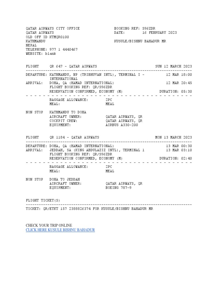 Qatar Airways City Office Booking Ref | PDF