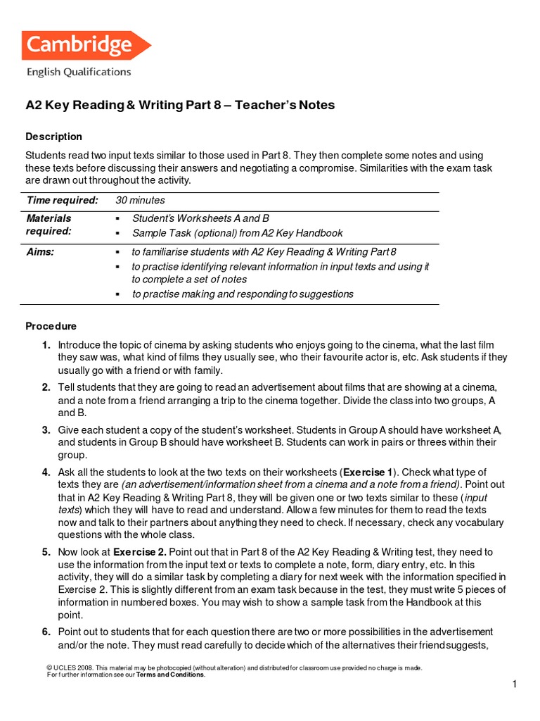A2 Key Reading & Writing Part 8 | PDF
