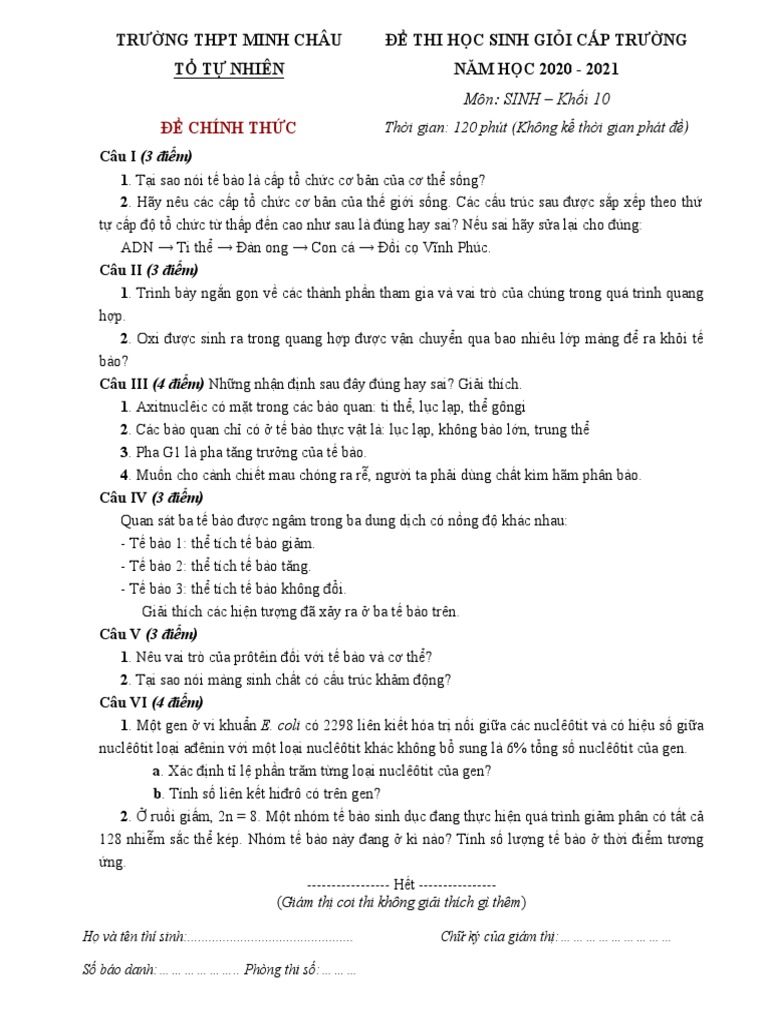 De Hoc Sinh Gioi Cap Truong Sinh Hoc 10 Nam 2020 2021 Truong THPT Minh Chau Hung Yen | PDF