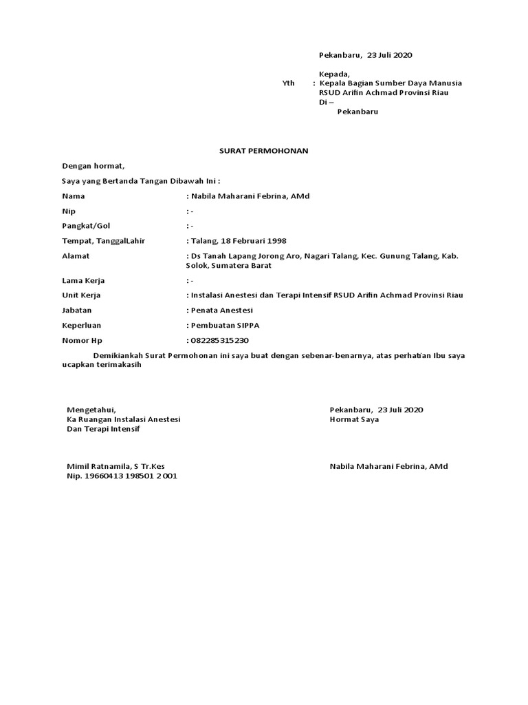 Surat Permohonan Sippa | PDF