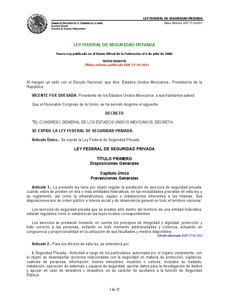 Ley Federal de Seguridad Privada en México | PDF | Federación | México