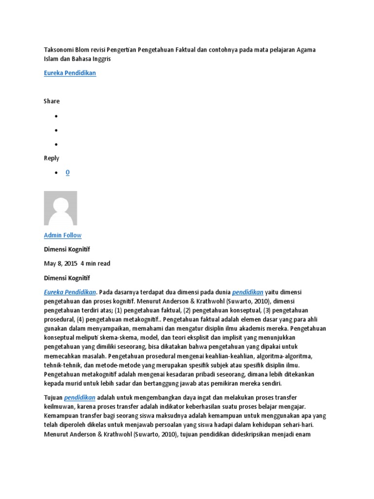 Taksonomi Blom Revisi Pengertian Pengetahuan Faktual Dan Contohnya Pada Mata Pelajaran Agama ...
