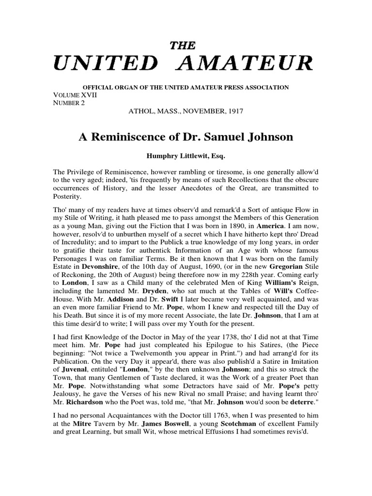 The United Amateur - A Reminiscence of Dr. Samuel Johnson | PDF