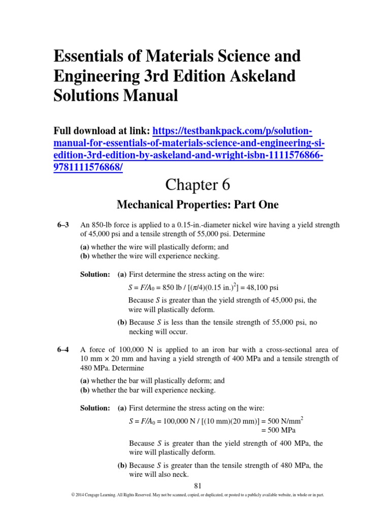 Essentials of Materials Science and Engineering 3rd Edition Askeland Solutions Manual 1 | PDF ...