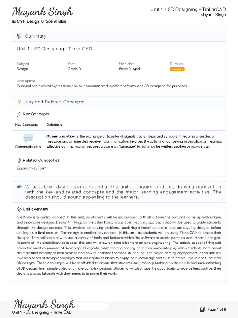 Unit 1 - 3D Designing - TinkerCAD - Mayank Singh | PDF | Communication | 3 D Computer Graphics