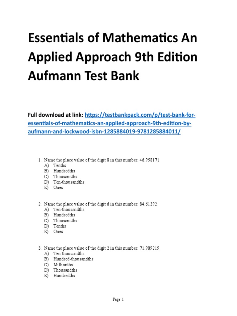 Essentials of Mathematics An Applied Approach 9th Edition Aufmann Test ...