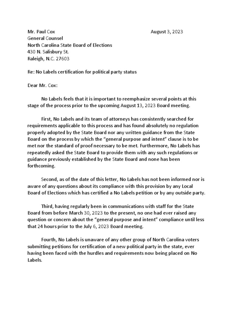 No Labels Letter To NCBE 8323 | PDF