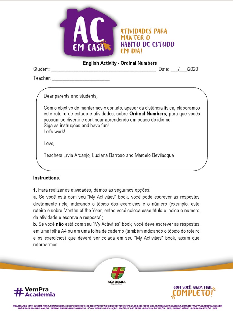 COM ANSWER KEY - Ordinal Numbers - AC em Casa - 5ano | PDF