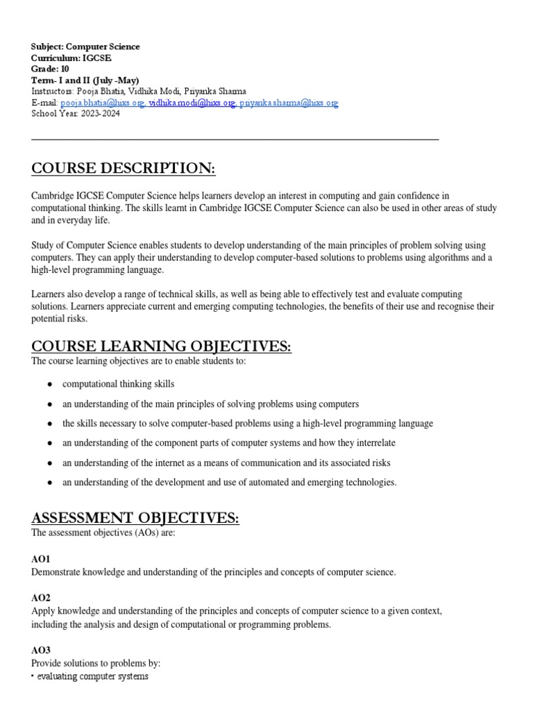 Course Outline 2023-24 Computer Science Grade 10 | PDF | Understanding | Learning