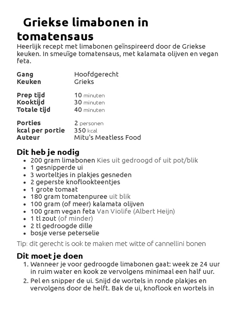 Griekse Limabonen in Tomatensaus - Mitu's Meatless Food | PDF