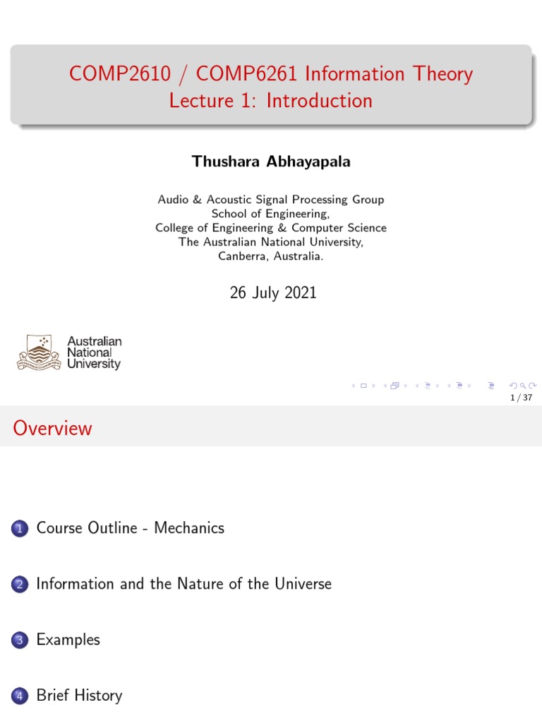 COMP2610 / COMP6261 Information Theory Lecture 1: Introduction | PDF | Information | Statistical ...