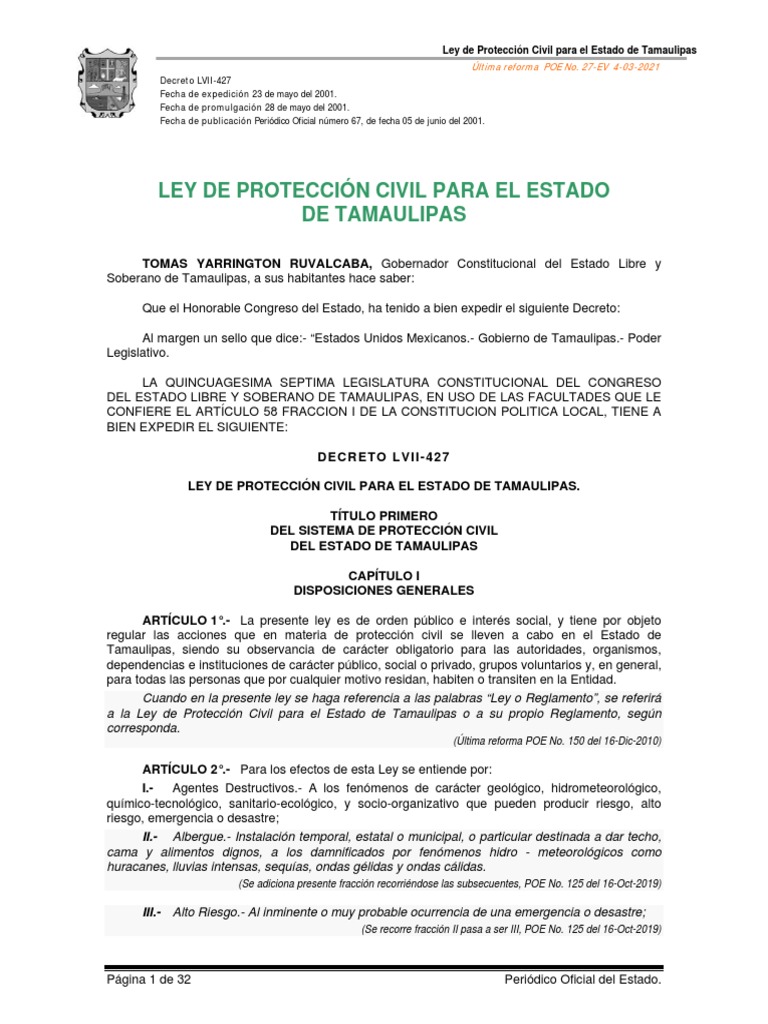 Ley - Proteccion - Civil Tamaulipas | PDF