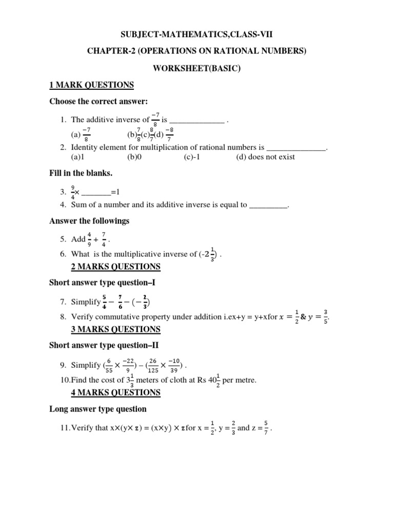 Class Vii - Worksheet - Operation On Rational Number - 1 | PDF