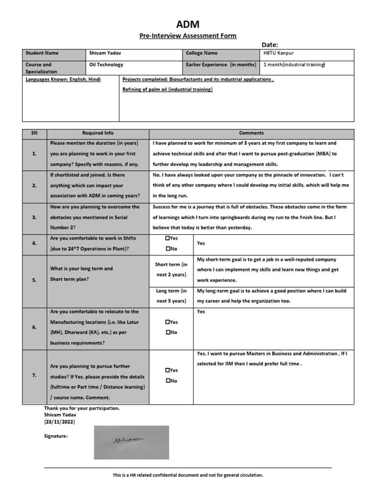 Pre-Interview - Assessment - Campus Hires Form (Filled) | PDF | Cognition