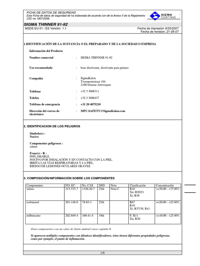 MSDS Sigma Thinner 91-92 (Diluyente) | PDF