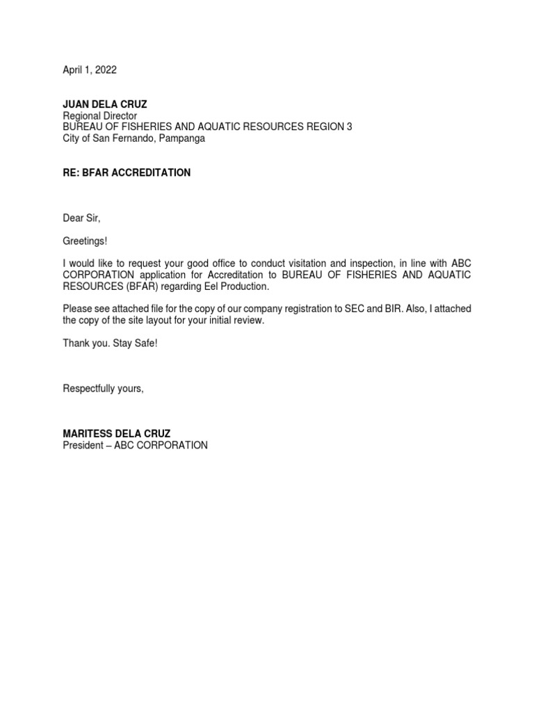 Request for BFAR Accreditation Inspection | PDF | Law