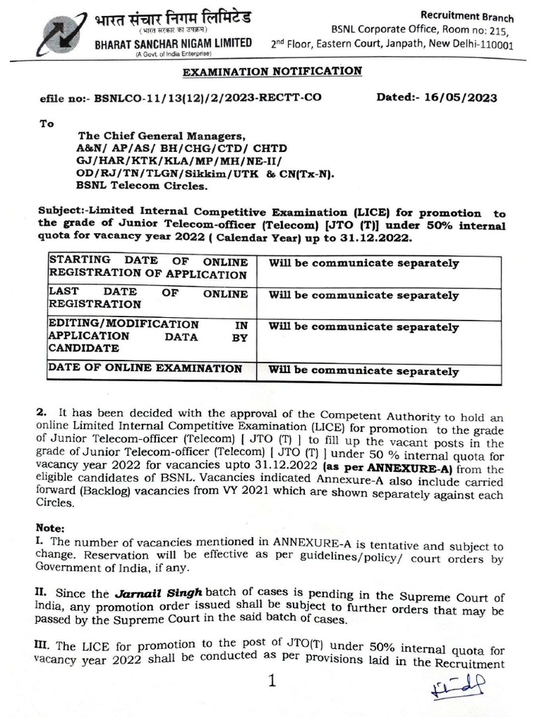 BSNL JTO Promotion Exam Notice | PDF