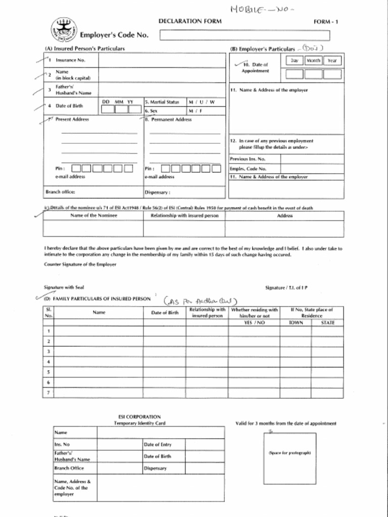ESIC Form 1 | PDF