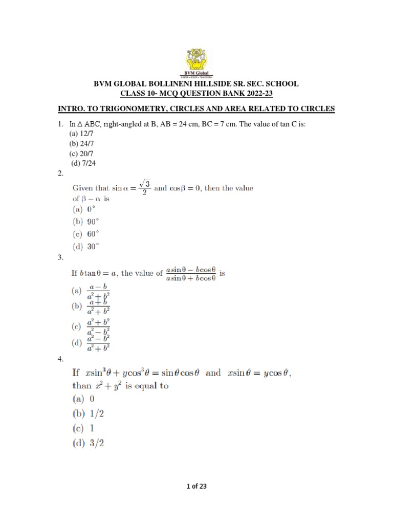 Class 10 MCQ Questions Booklet | PDF | Zero Of A Function | Factorization