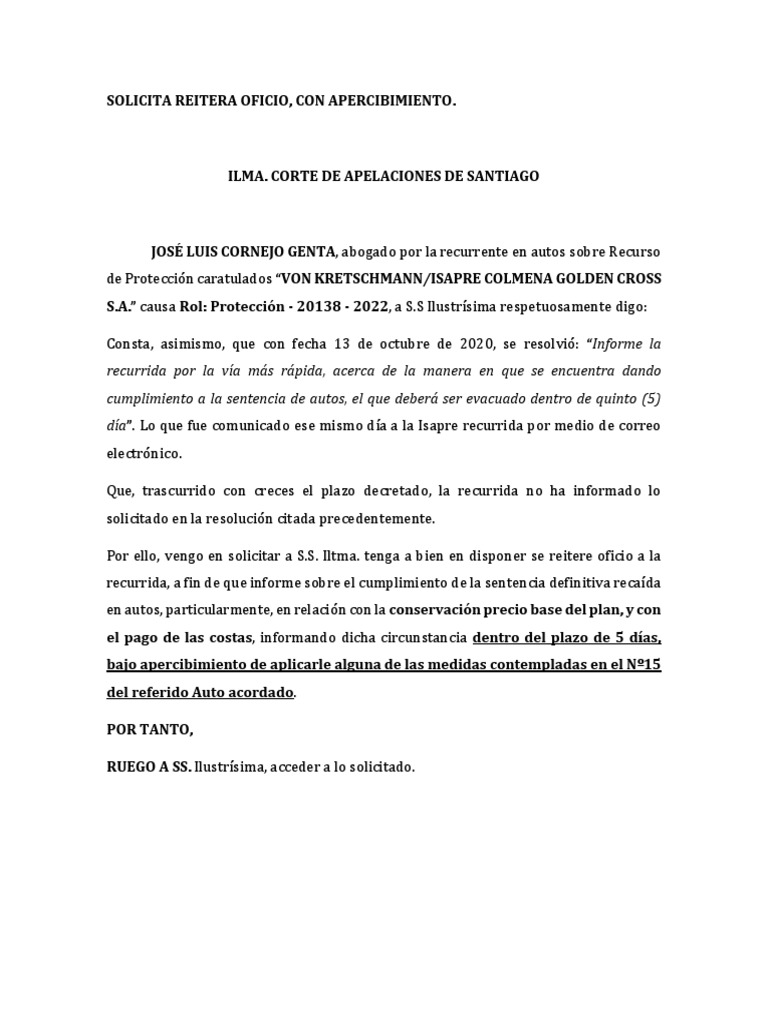 Solicita Reitera Oficio Con Apercibimiento Corte | PDF