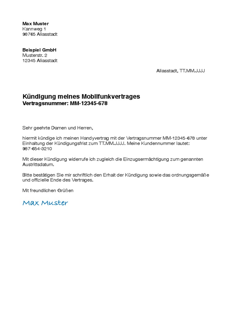 Kuendigungsschreiben Handyvertrag Vorlage Mustertext | PDF