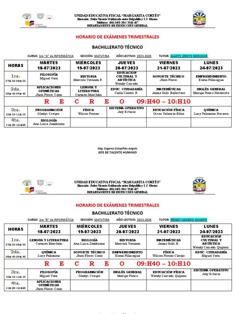 Horario de Examenes Trimestrales de Técnico 2023 | PDF