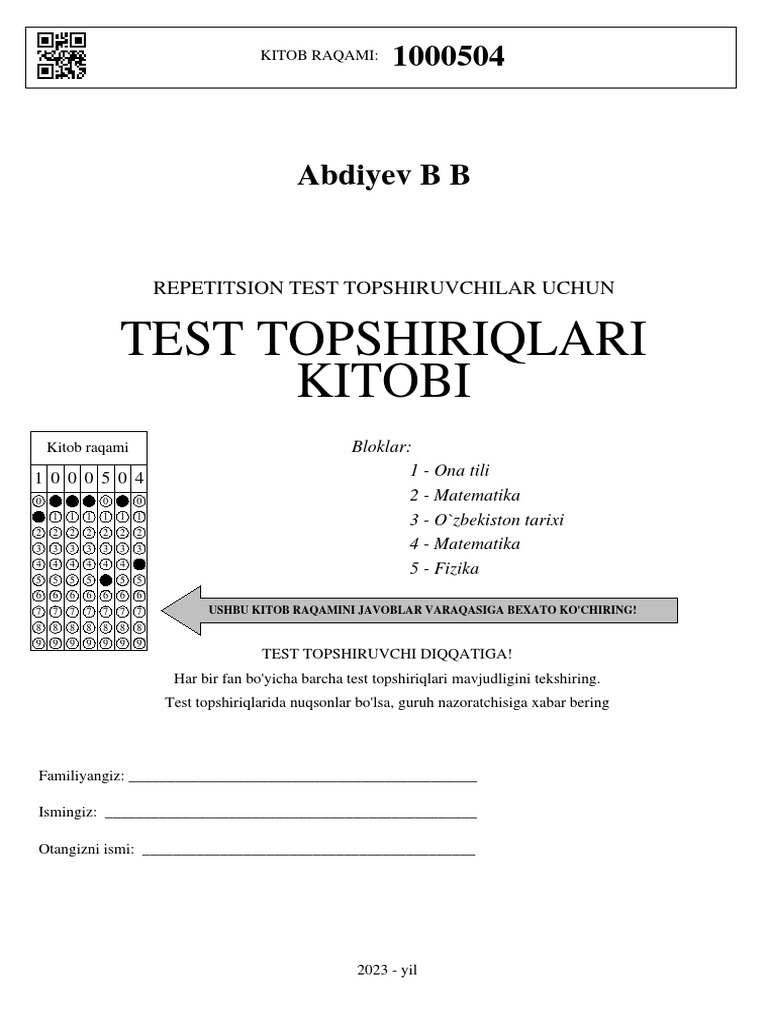 Test Topshiriqlari Kitobi: Repetitsion Test Topshiruvchilar Uchun | PDF