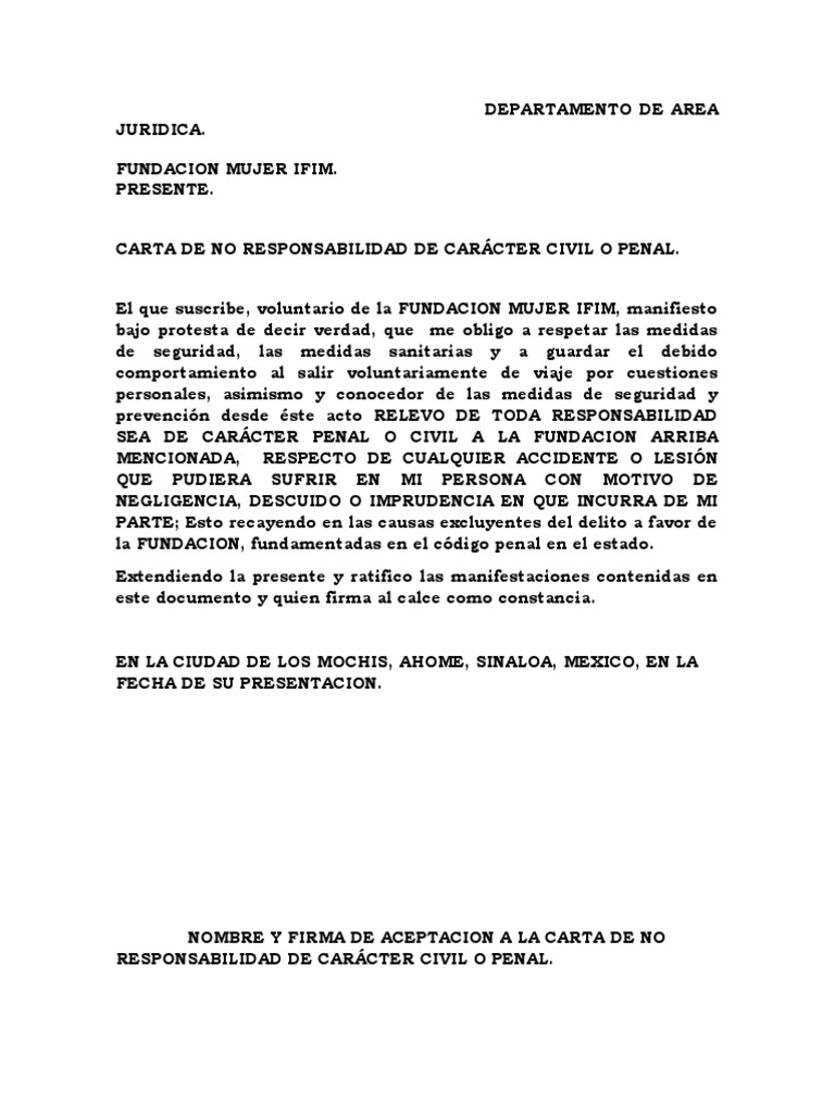 CARTA DE NO RESPONSABILIDAD FUNDACION MUJER IFIM. - Fotografo | PDF CARTA DE NO RESPONSABILIDAD FUNDACION MUJER IFIM. - Fotografo | PDF
