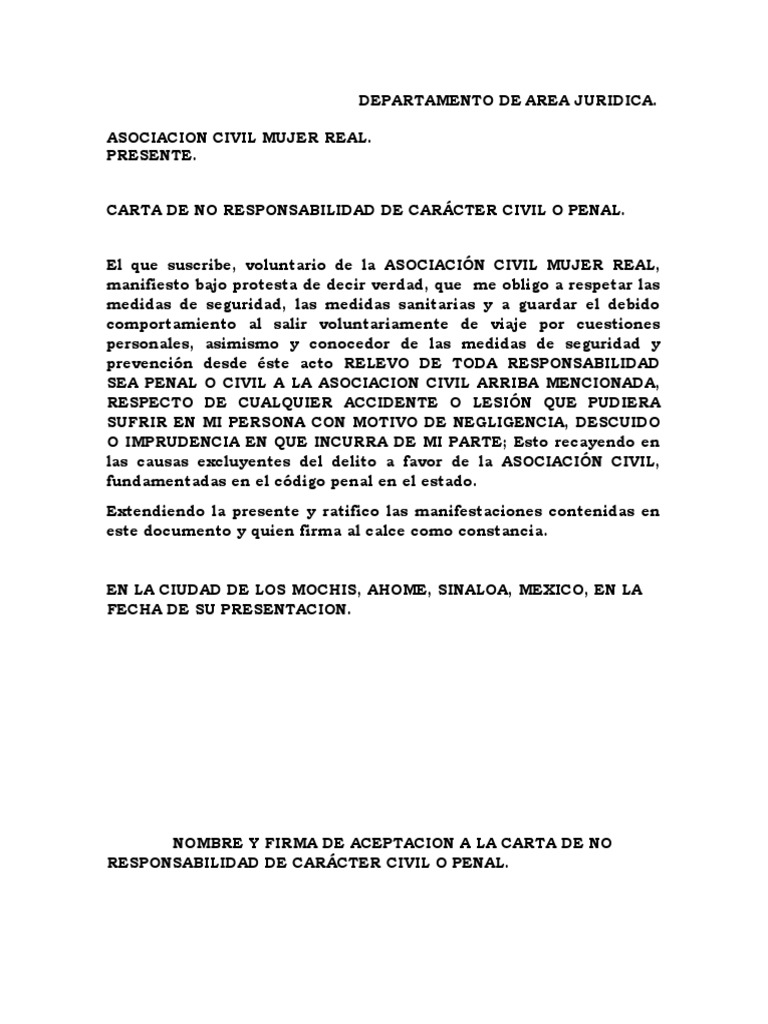 Carta de No Responsabilidad Mujer Real | PDF Carta de No Responsabilidad Mujer Real | PDF