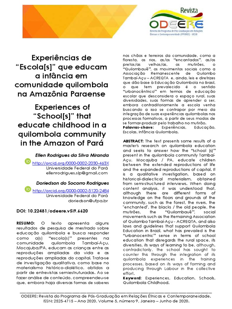 MIRANDA - Experiências de Escolas Que Educam A Infância em Comunidade Quilombola Da Amazônia ...