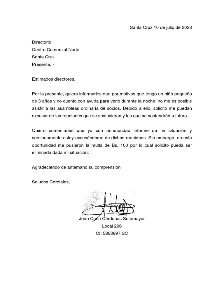 Solicitud de excusa por inasistencia a asamblea | PDF