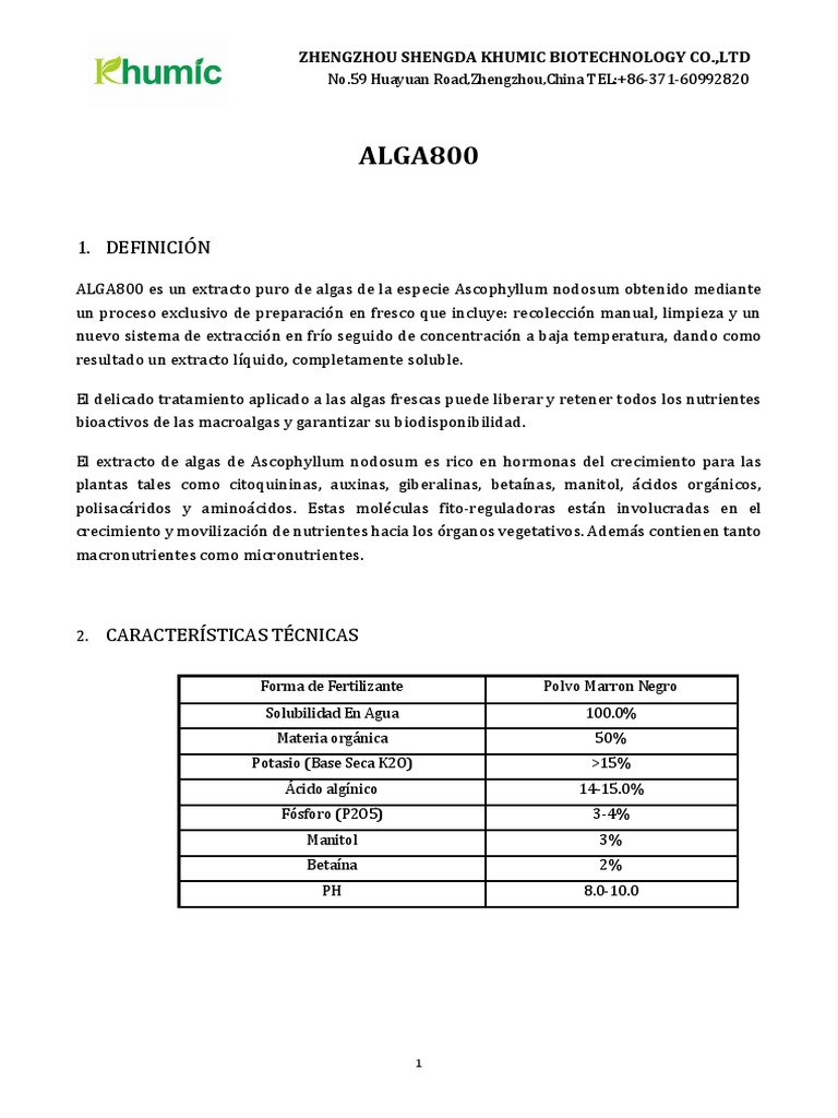 Ficha Técnica de Alga800 | PDF | Nutrientes | Agua