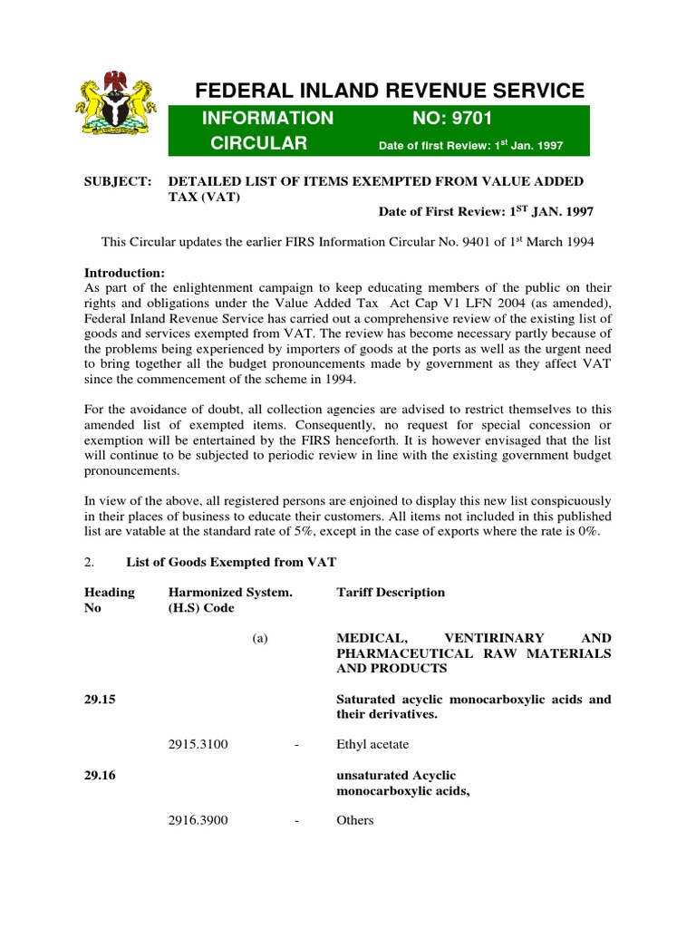Detailed List of Items Exempted From Value Added Tax 9701 | PDF | Value ...
