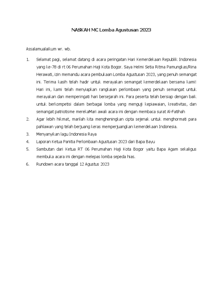 NASKAH MC Lomba Agustusan 2023 | PDF