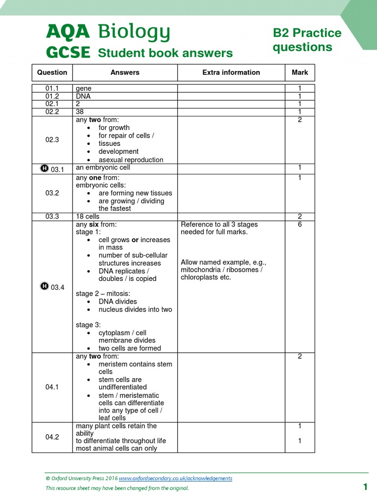 AQA Biology GCSE Combined B2 Practice Answers | PDF | Cell (Biology ...