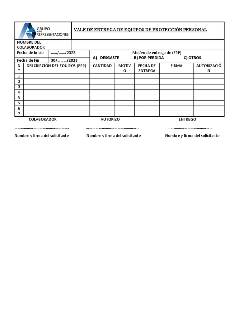VALE DE ENTREGA DE EQUIPOS DE PROTECCIÓN PERSONAL | PDF