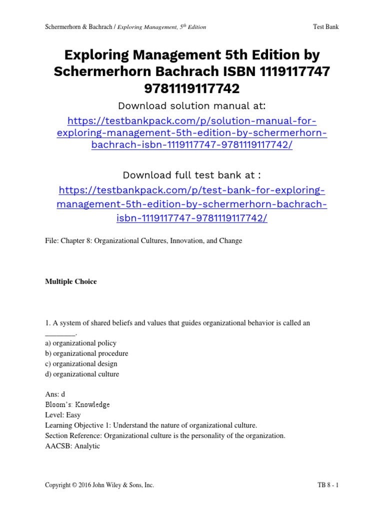 Exploring Management 5th Edition Schermerhorn Test Bank 1 | PDF ...