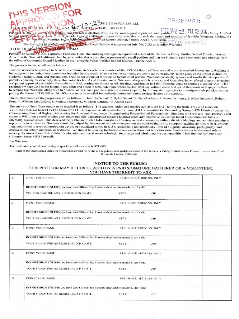 Official Petition To Recall Temecula Valley Unified School District ...