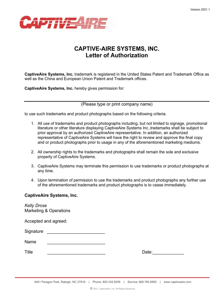 CaptiveAire Systems - Letter of Authorization - 2021 | PDF