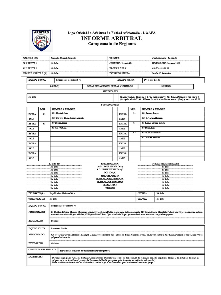 Informe Arbitral: Campeonato de Regiones | PDF | Juegos de pelota ...