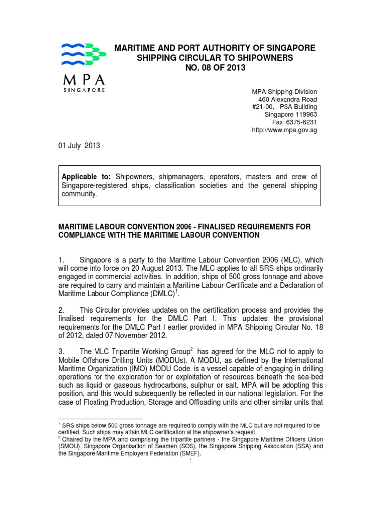 Maritime Labour Convention 2006 - Circular No. 08 of 2013 | PDF ...
